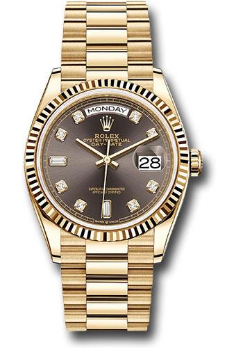 Rolex Yellow Gold Day-Date 36 Watch - Fluted Bezel - Dark Grey Diamond