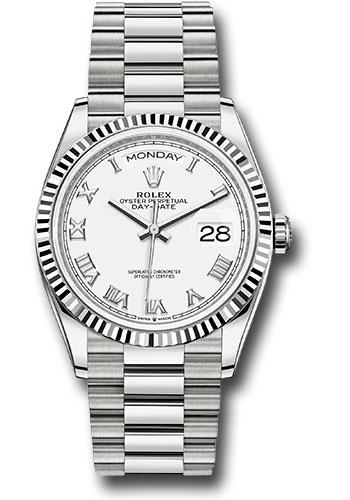 Rolex White Gold Day-Date 36 Watch - Fluted Bezel - White Roman Dial